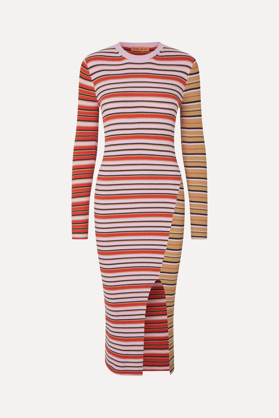 Long Sleeve Knit Dress w/Slit - Cream Stripes / Pink Stripes - Stine Goya